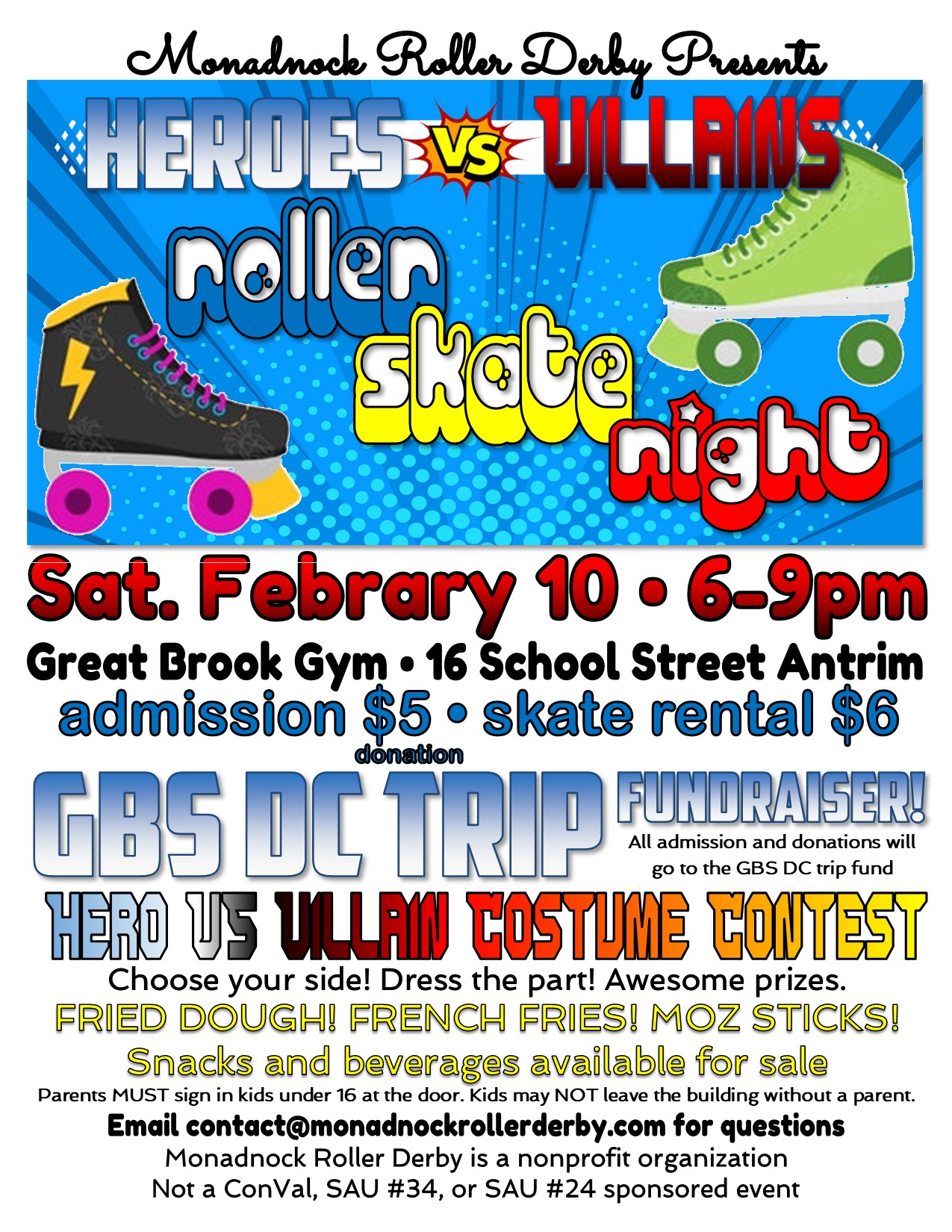 Heros vs. Villains Skate Night! – Monadnock Roller Derby